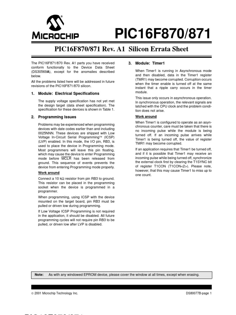 PIC16F870/871 Rev. A1 Silicon Errata Sheet | PDF | Pic Microcontroller ...