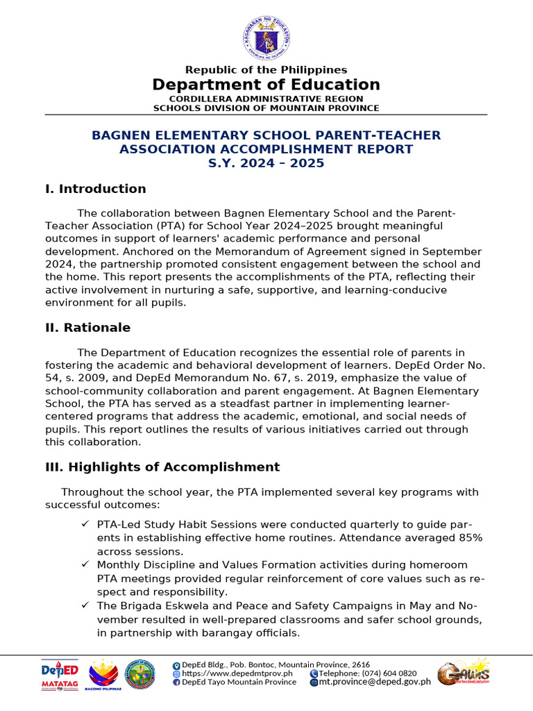 PTA Accomplishment | PDF | Learning | Behavior Modification