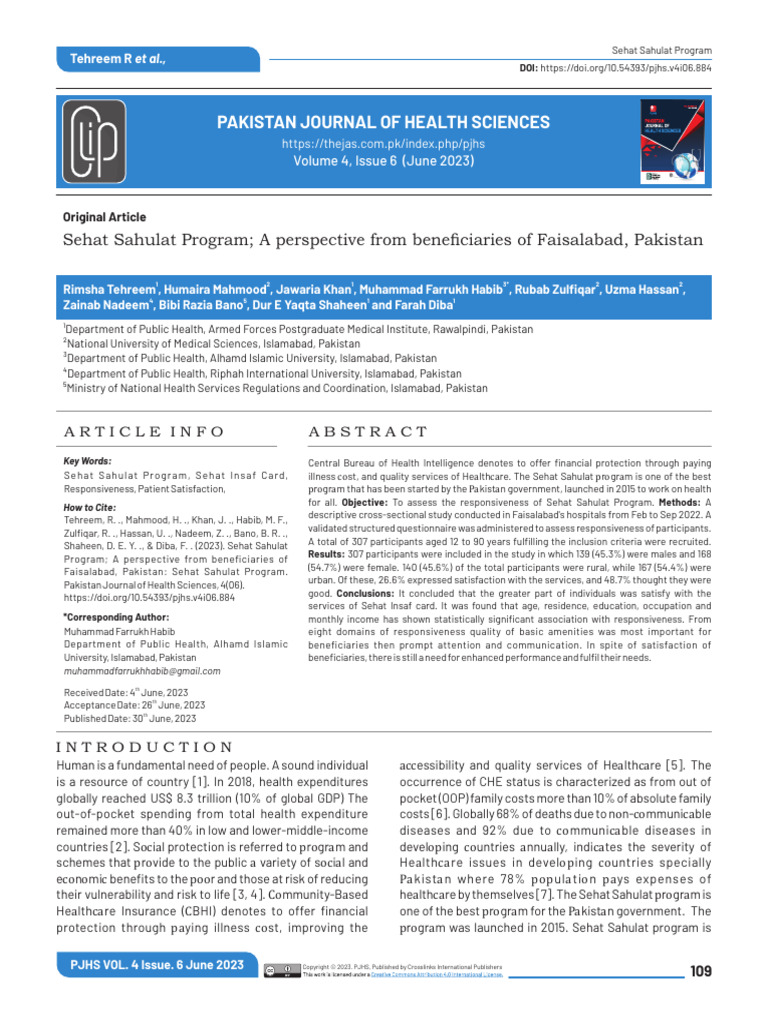 21 Sehat Sahulat Program A Perspective From Beneficiaries of Faisalabad ...