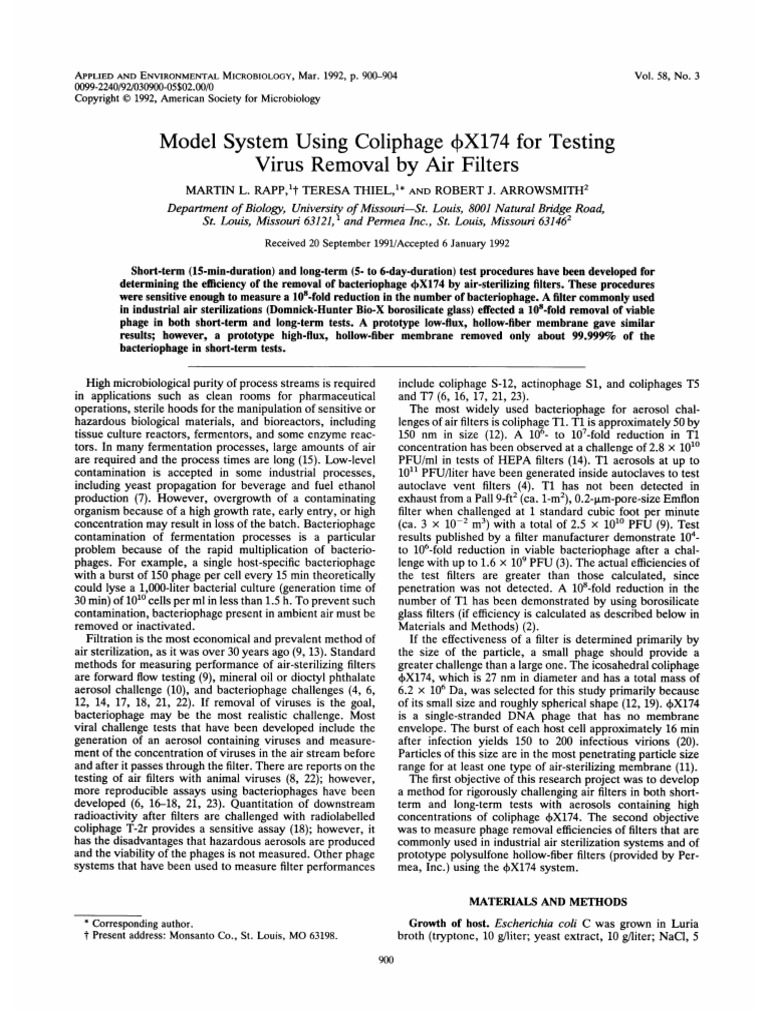 Model System Using Coliphage X174 For Testing Virus Removal by Air ...