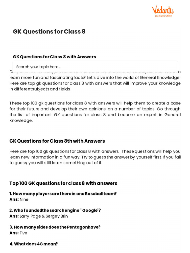GK Questions For Class 8 | PDF