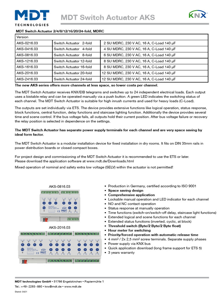 MDT DS Switch Actuator AKS 03 | PDF | Switch | Relay