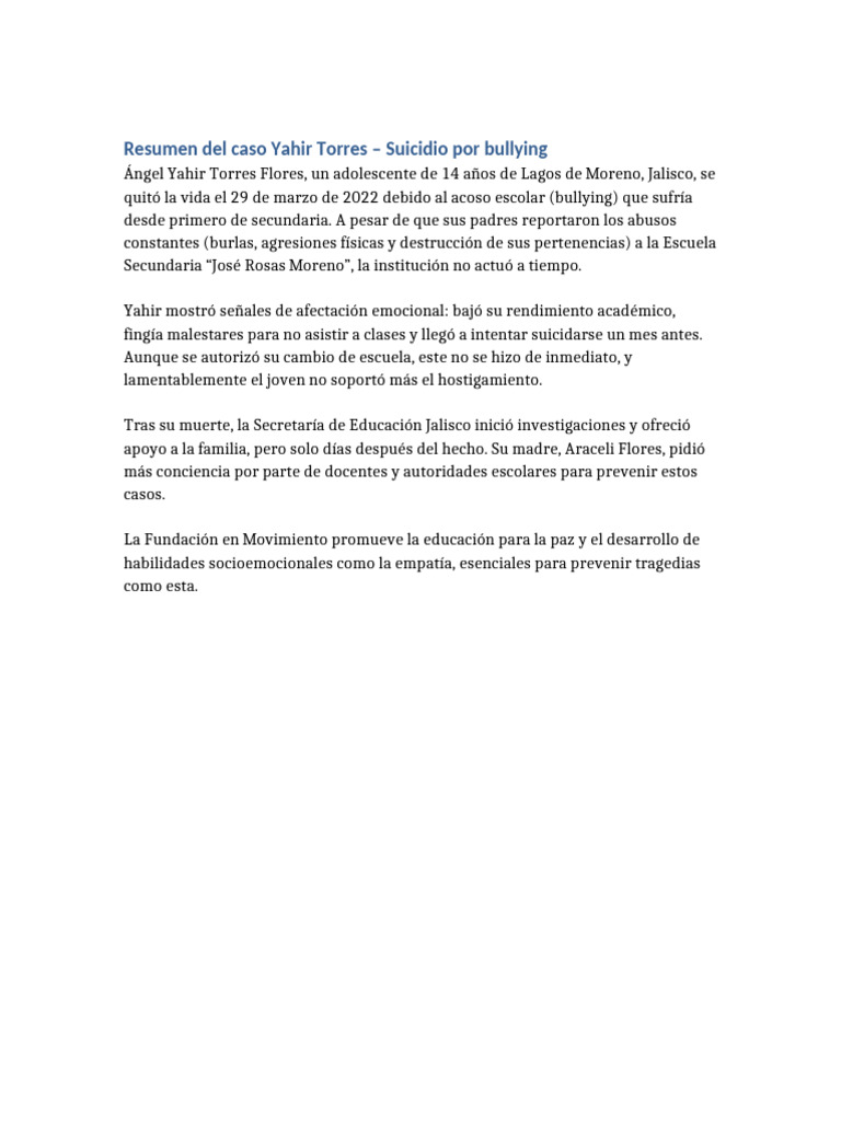 Suicidio de Yahir Torres por bullying | PDF