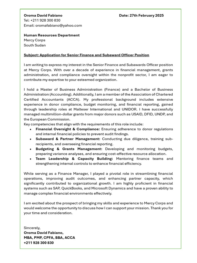 Application for Senior Finance Position | PDF | Audit | Regulatory ...