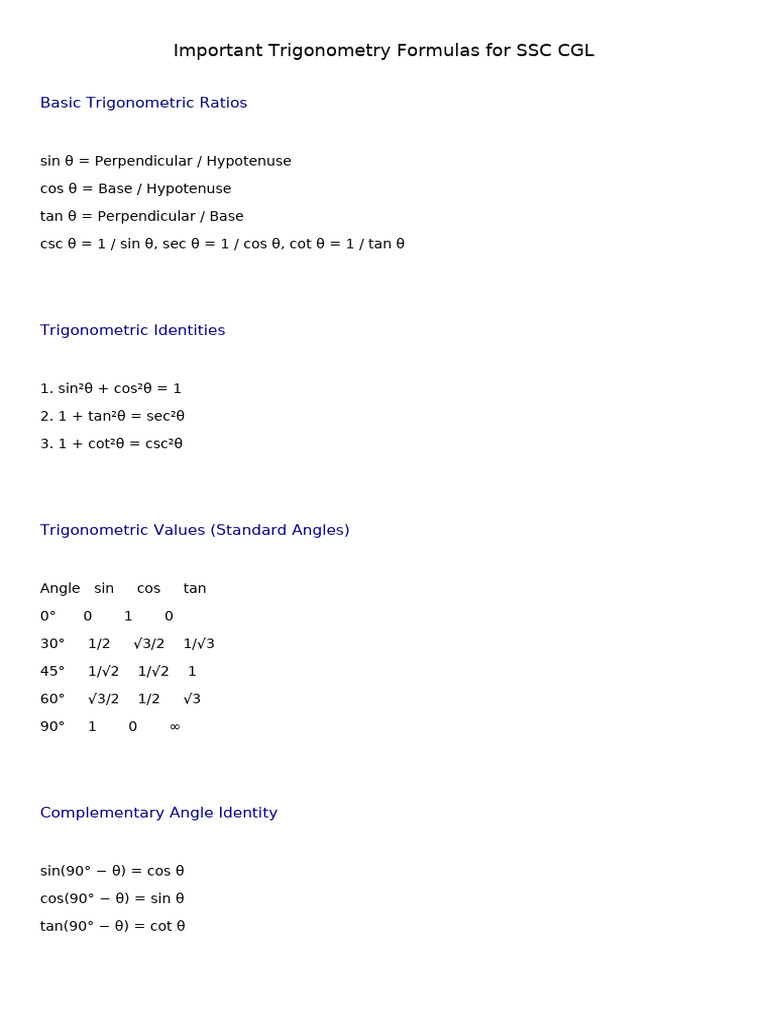Trigonometry Formulas SSC CGL | PDF