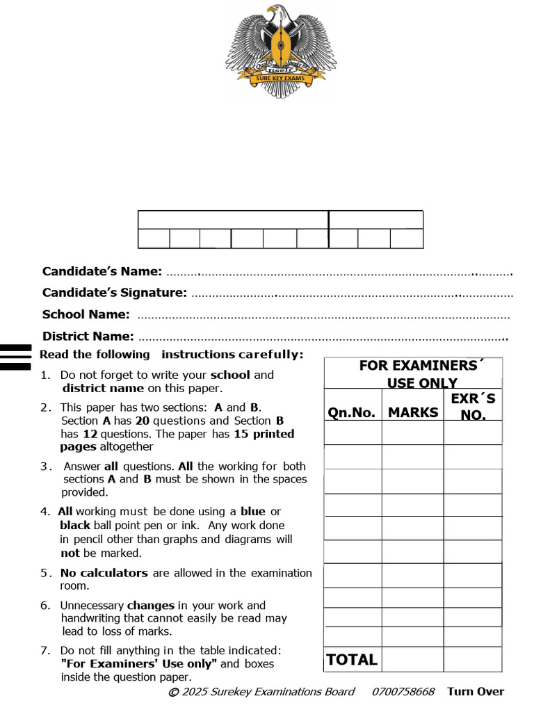 PLE 2025 Mathematics Exam Paper | PDF | Mathematics