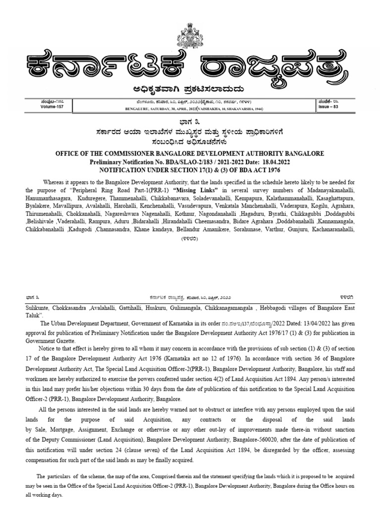 Peripheral Ring Road Part-1 (PRR-1) "Missing Links" Notification | PDF | Bangalore