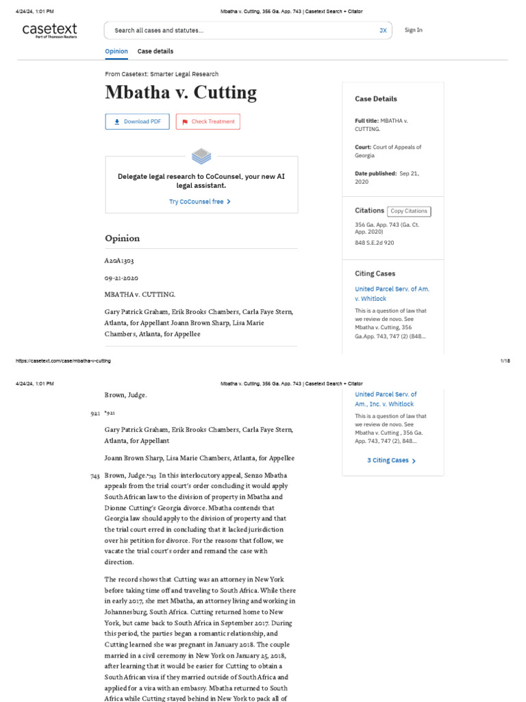 Prgaya, Mbatha v. Cutting, 356 Ga. App. 743 - Casetext Search + Citator ...