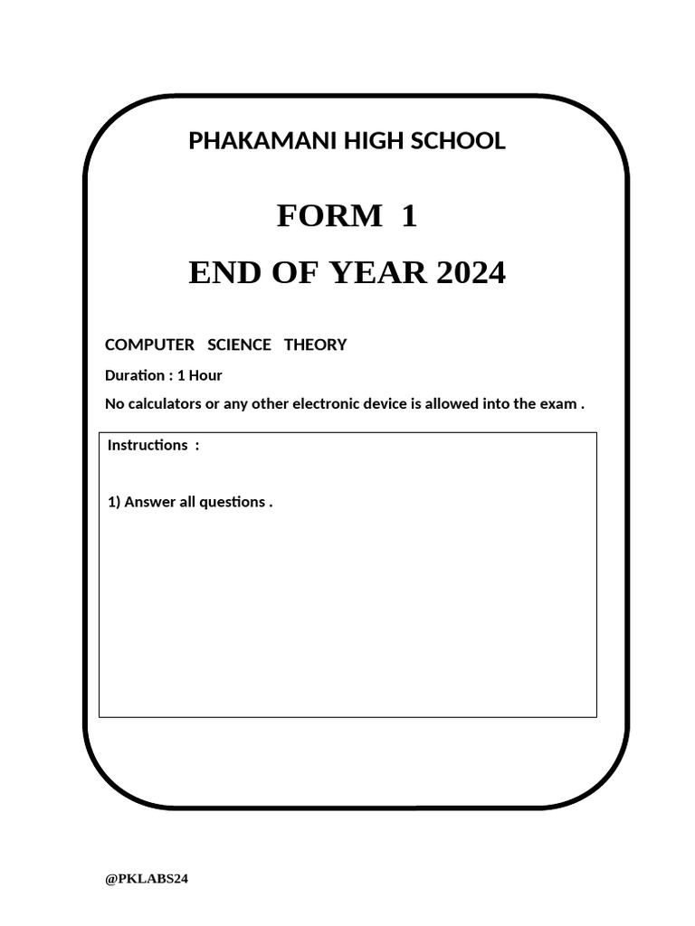 Form 1 CS End of Year 2024 | PDF