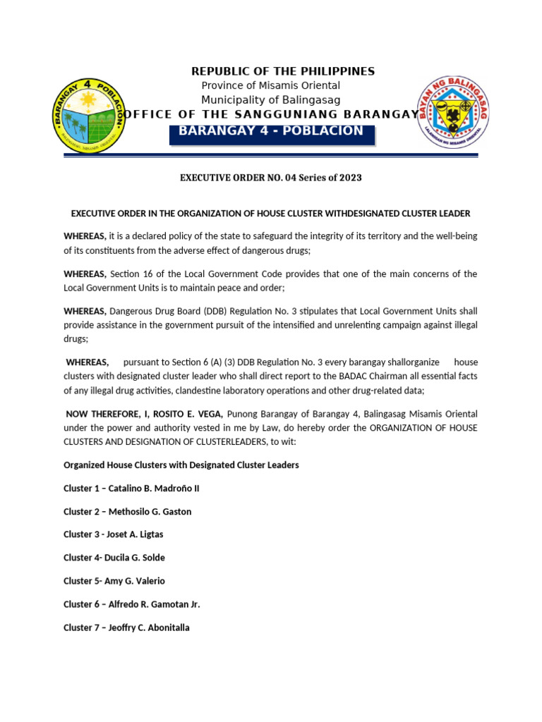 EO For House Cluster Leader 2023 | PDF | Government | Justice