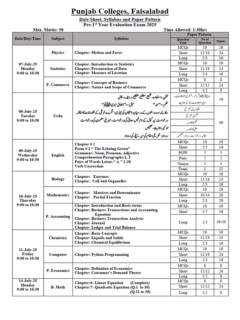 Pre-1st Year Exam Date & Syllabus 2025 | PDF | Mathematics | Equations
