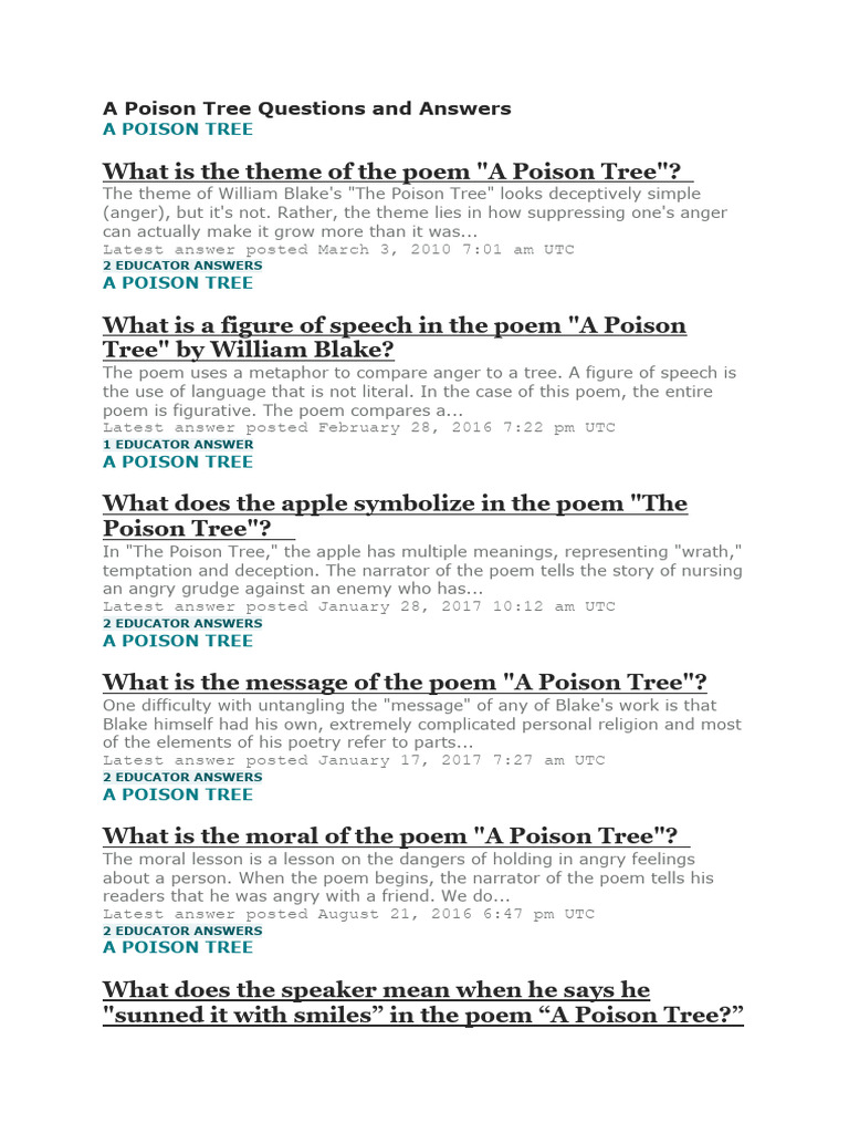 A Poison Tree Questions and Answers | PDF | Anger | Poetry