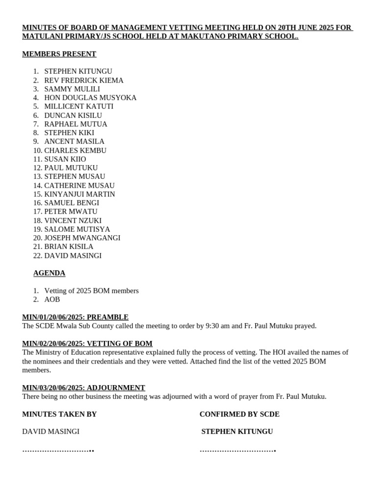 BOM Vetting Minutes - Matulani Primary | PDF