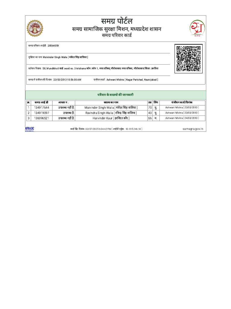 Samagra Id Malvinder Singh | PDF