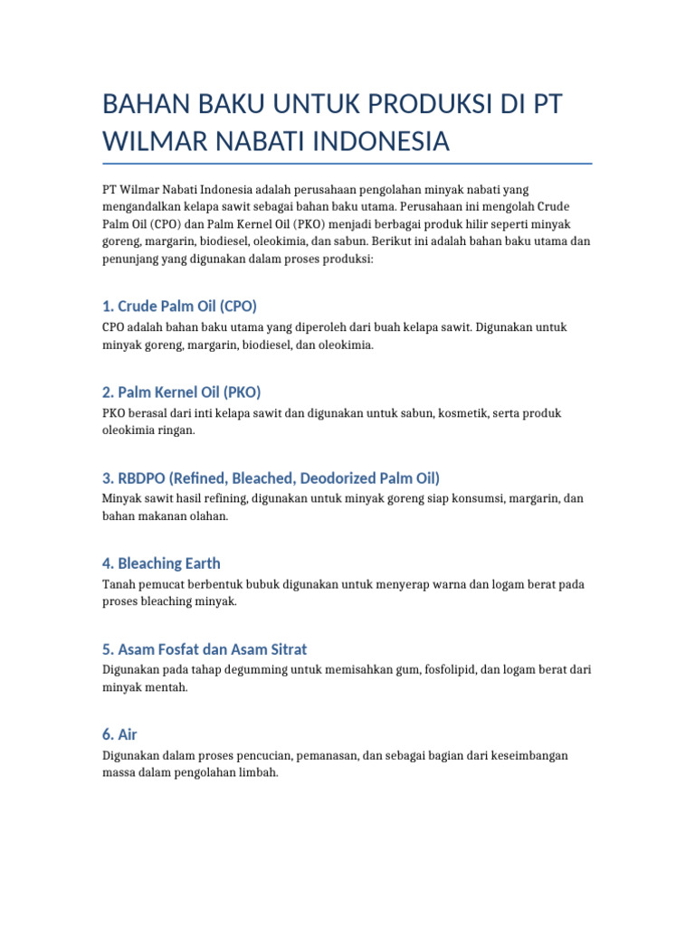 Bahan Baku PT Wilmar Nabati Indonesia | PDF