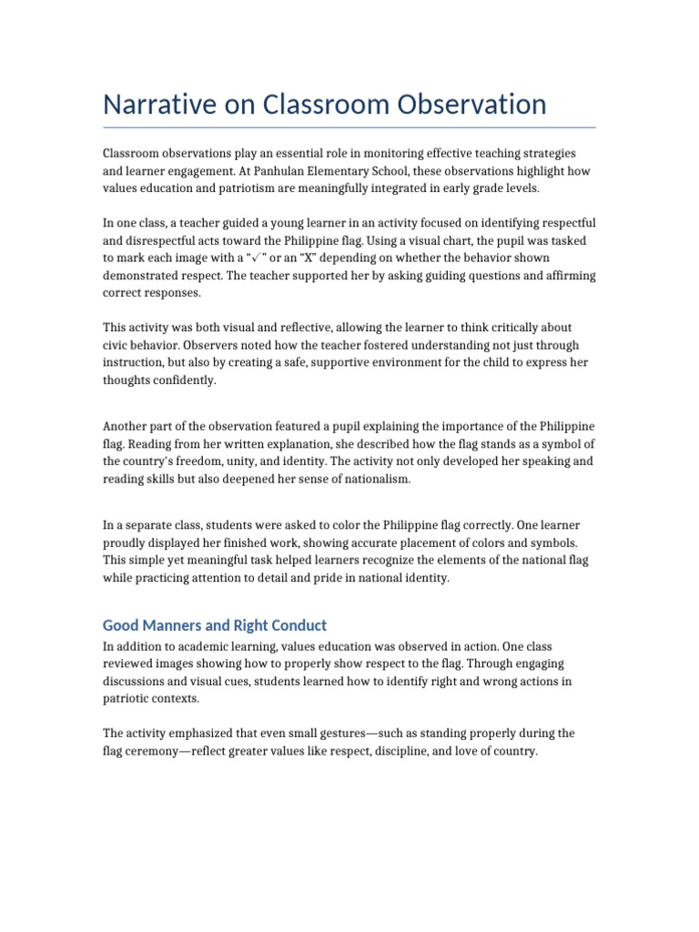 Narrative On Classroom Observation Panhulan | PDF
