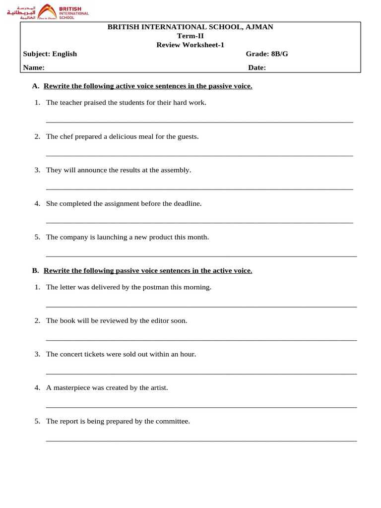 Term 2 - Review Worksheet (Active and Passive) | PDF