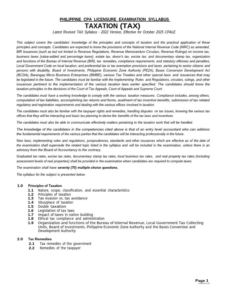 TAX Syllabus - October 2025 CPALE | PDF | Taxes | Value Added Tax