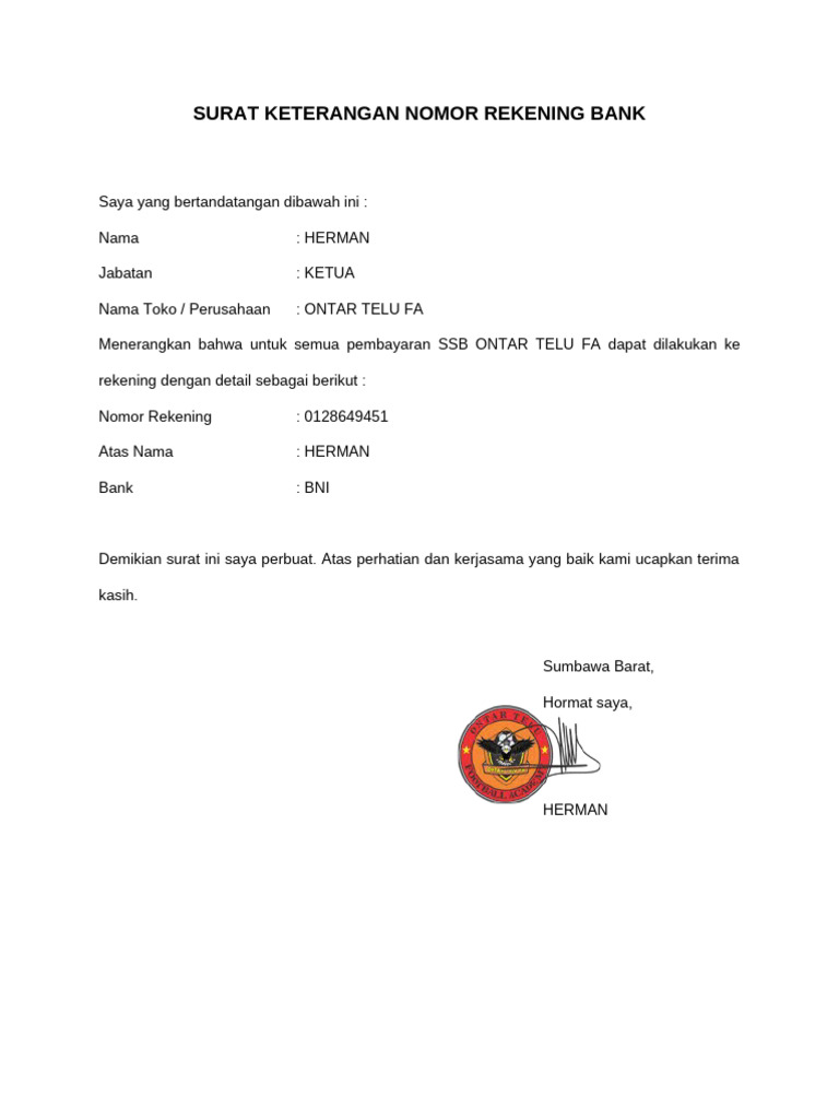 Surat Keterangan Nomor Rekening BNI | PDF