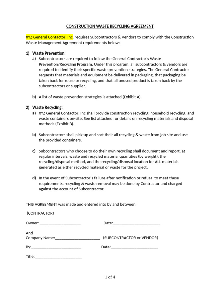Construction Waste Recycling Agreement | PDF | Recycling | Waste Management