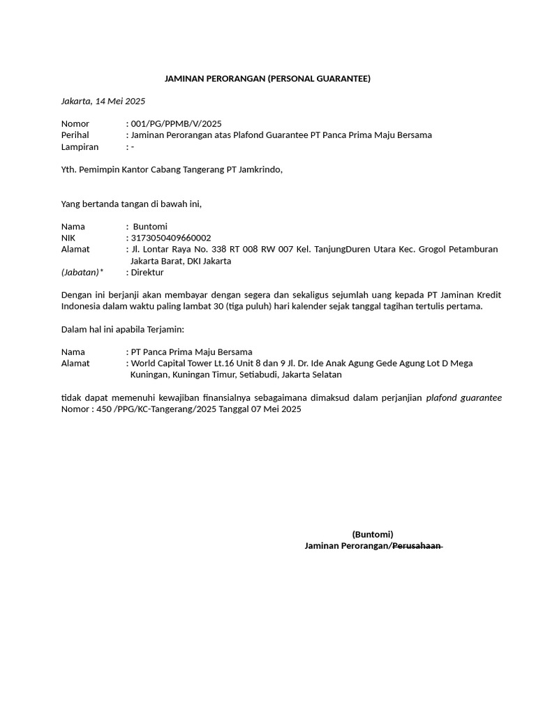 5.d Contoh Surat Pernyataan Jaminan Perorangan Dan Jaminan Perusahaan | PDF
