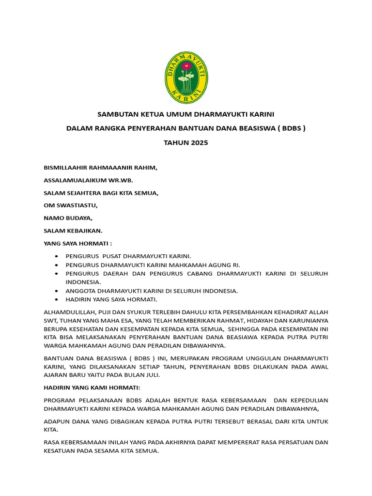 Sambutan Ketum Bdbs Juli 2025 | PDF