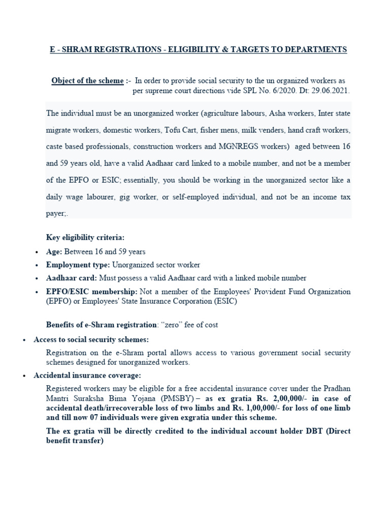 E - Shram Registrations - Eligibility and Targets For The Month ...