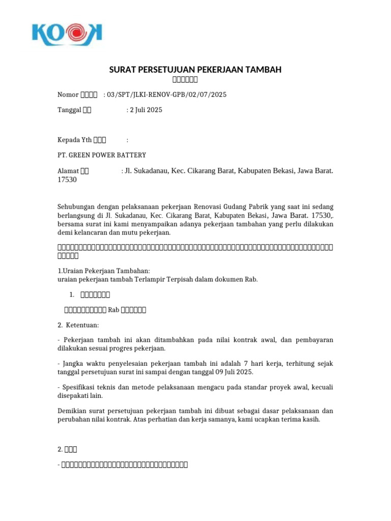 Pekerjaan Tambah Cco Pt. Green Power Battery 02072025 | PDF