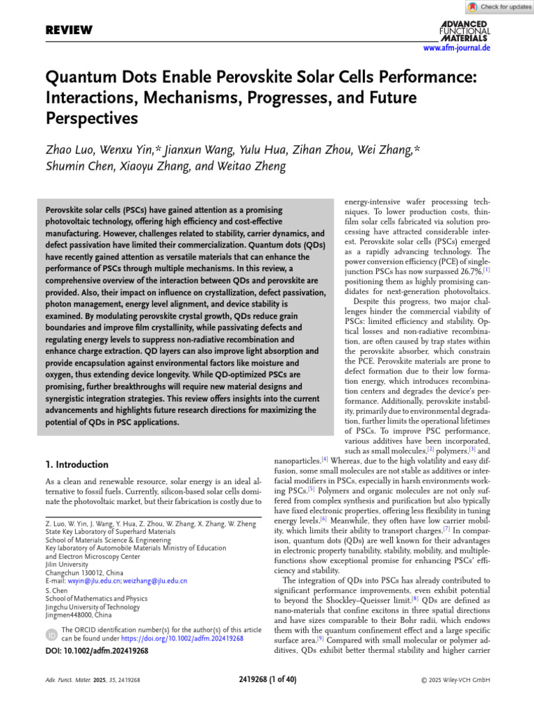 Adv Funct Materials - 2025 - Luo - Quantum Dots Enable Perovskite Solar Cells Performance ...