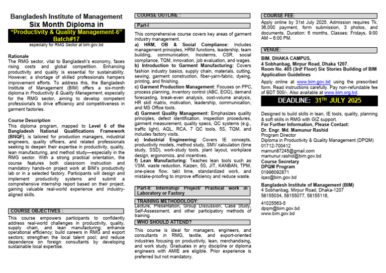 Approved Brochure-DPQM - Major Lean Manufacturing - July - 2025 - XVII - One Page | PDF | Lean ...