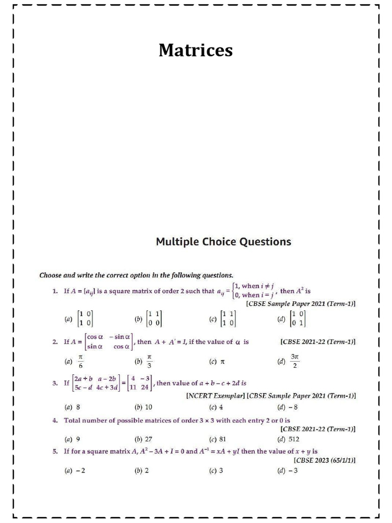 Hots Questions Ch.3 Matrices-RSM 9865817623 | PDF