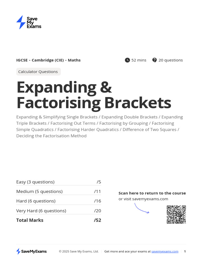 Expanding & Factorising Brackets: 52 Mins 20 Questions Calculator ...