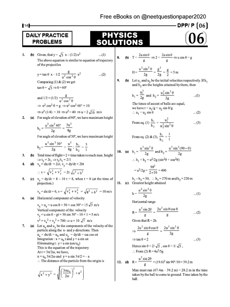 Projectile Motion Worksheet DPP Answers | PDF