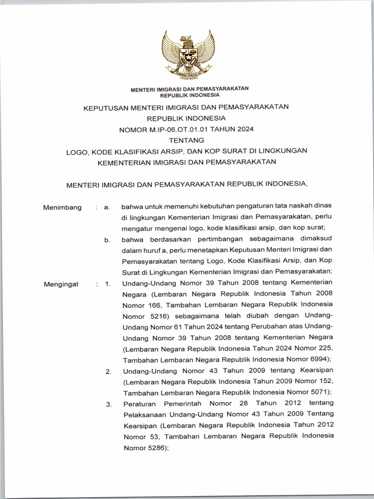 Kepmenimipas Tentang Logo, Kode Klasifikasi Arsip, Dan Kop Surat Tahun 2024 | PDF