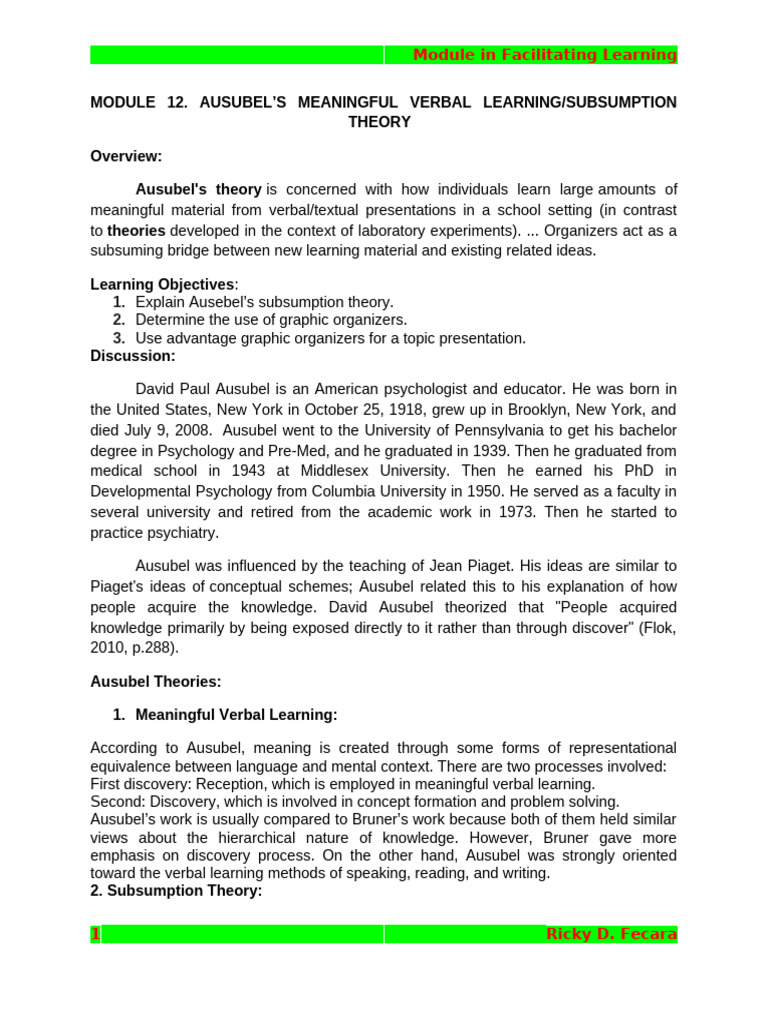 Facilitating Learning Module 12 | PDF | Learning | Cognition