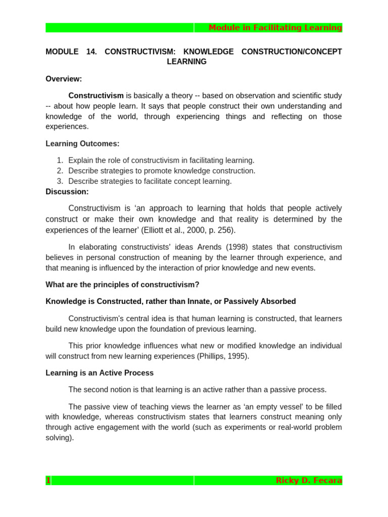 Facilitating Learning Module 14 | PDF | Constructivism (Philosophy Of Education) | Learning