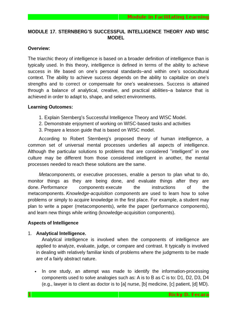 Facilitating Learning Module 17 | PDF | Intelligence | Creativity