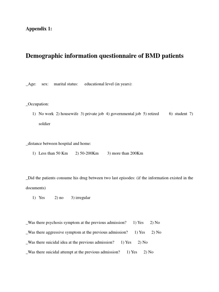Demographic Information Questionnaire of BMD Patients: Appendix 1 | PDF ...