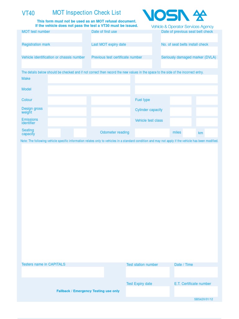 MOT Inspection Checklist (VT 40) | Download Free PDF | Automobile ...