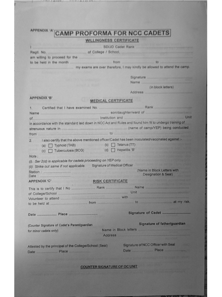 Camp Proforma For NCC Cadits | PDF