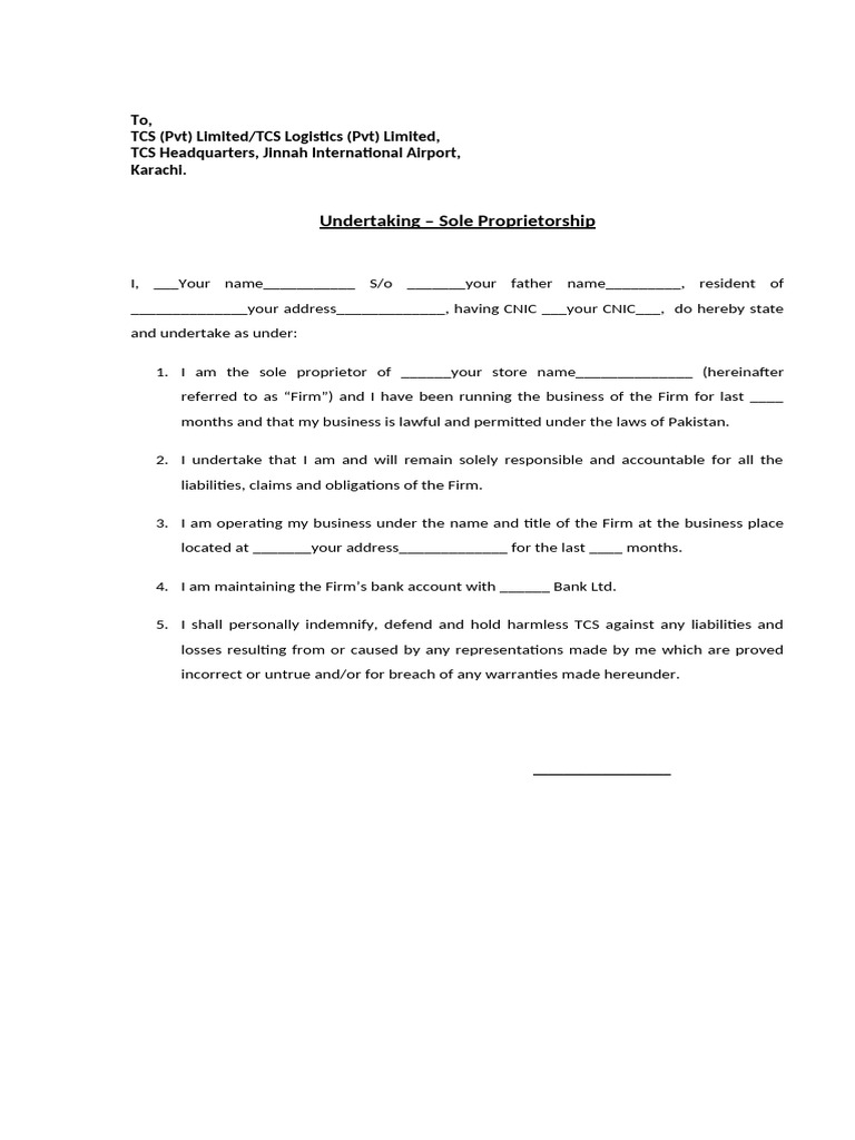 Sole Proprietorship Undertaking Template | PDF
