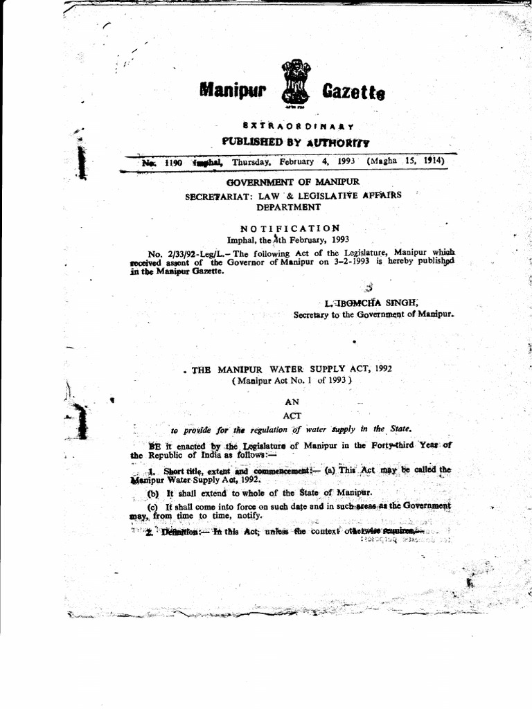 Manipur Water Supply Act 1992 | PDF | Water | Hydrology