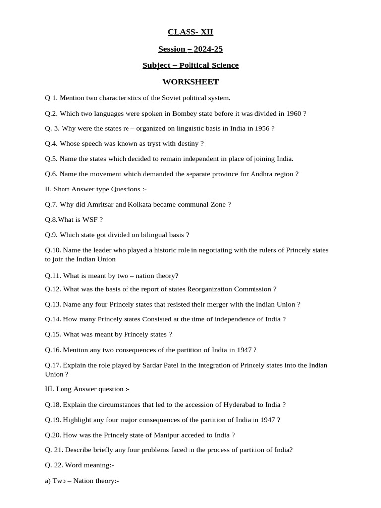 WorkSheet Class 12 PolSc | PDF | Soviet Union | World Politics
