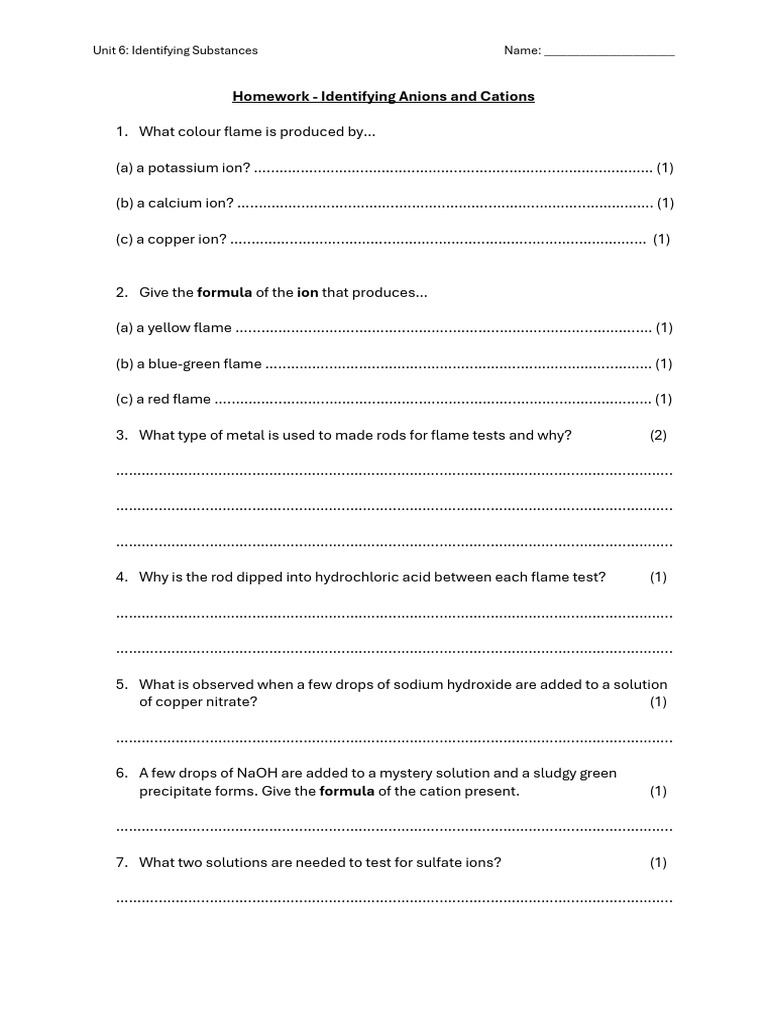HOMEWORK - Identifying Cations + Anions | PDF