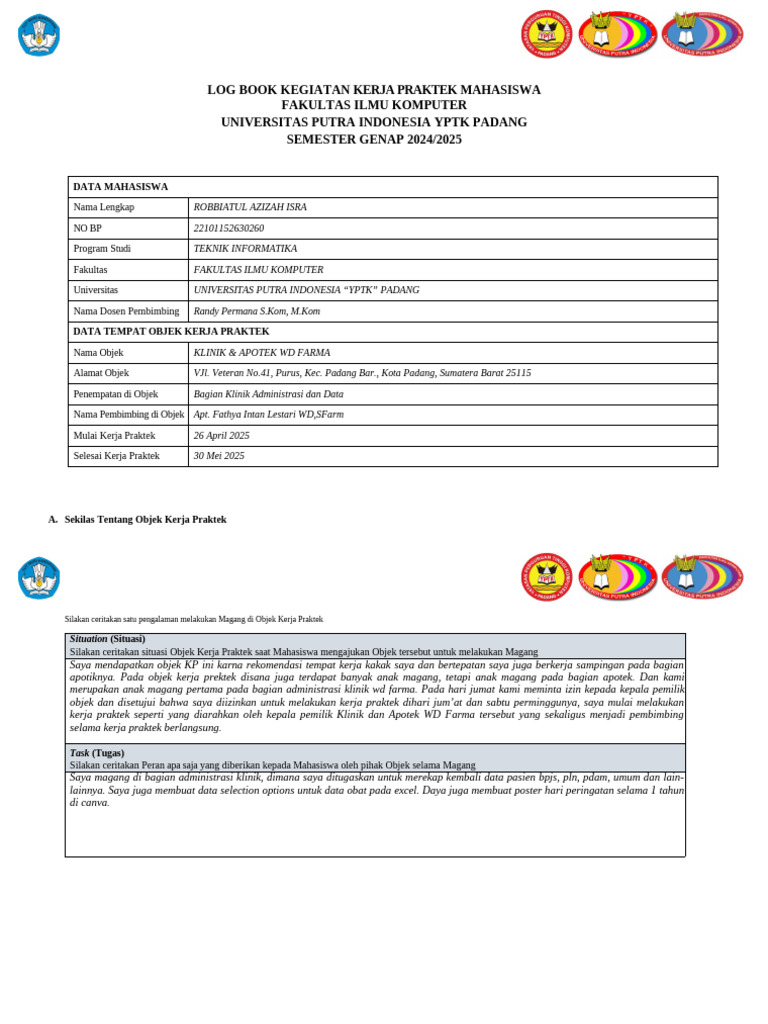 Log Book Kegiatan Kerja Praktek Mahasiswa Robbiatul Azizah Isra Pertemuan 3 | PDF