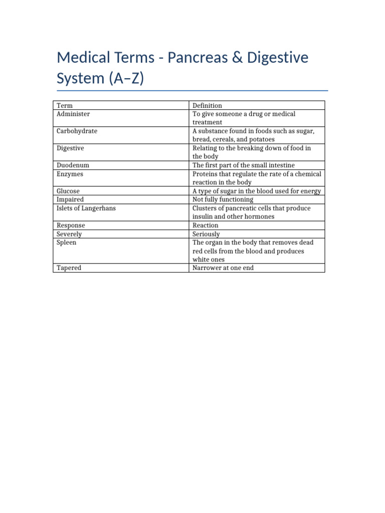Medical Terms Pancreas and Digestion | PDF
