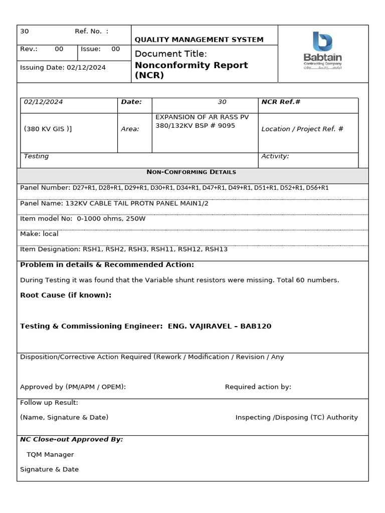 NCR Item 30 Shunt Resistor (132kv Cable Tail) | PDF