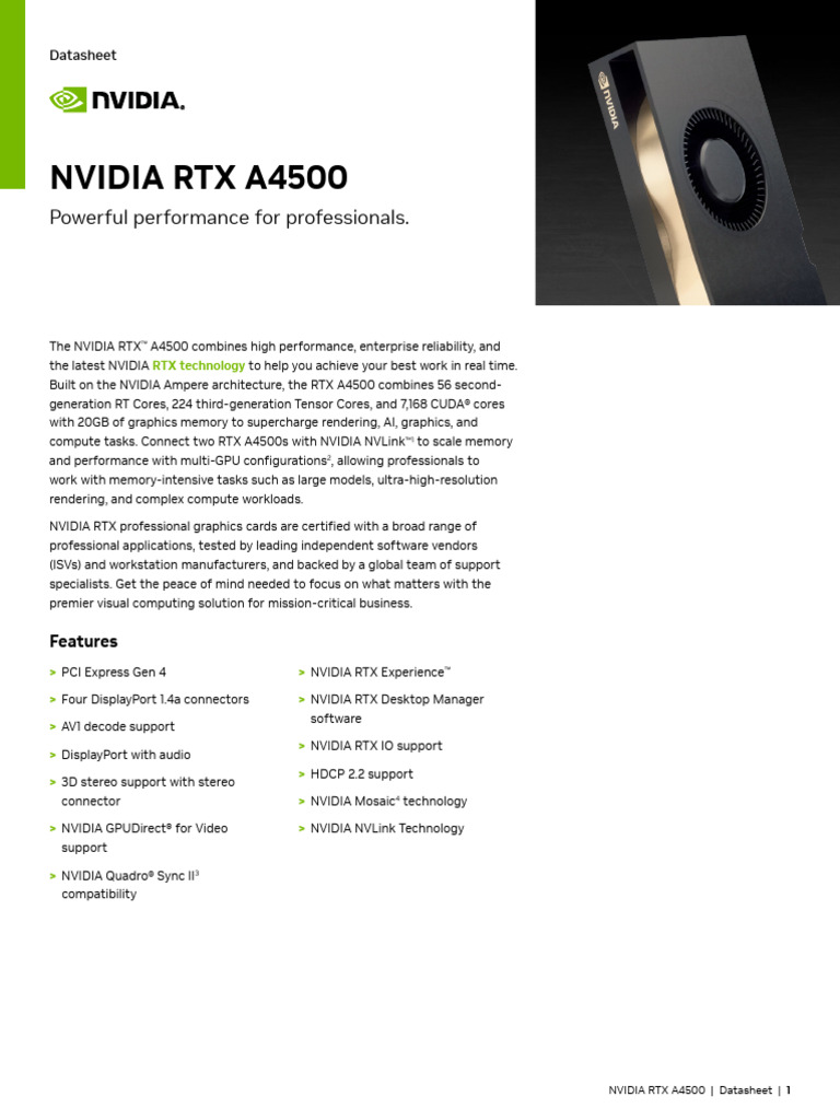 Nvidia RTX A4500 Datasheet | PDF | Graphics Processing Unit | Computer Graphics