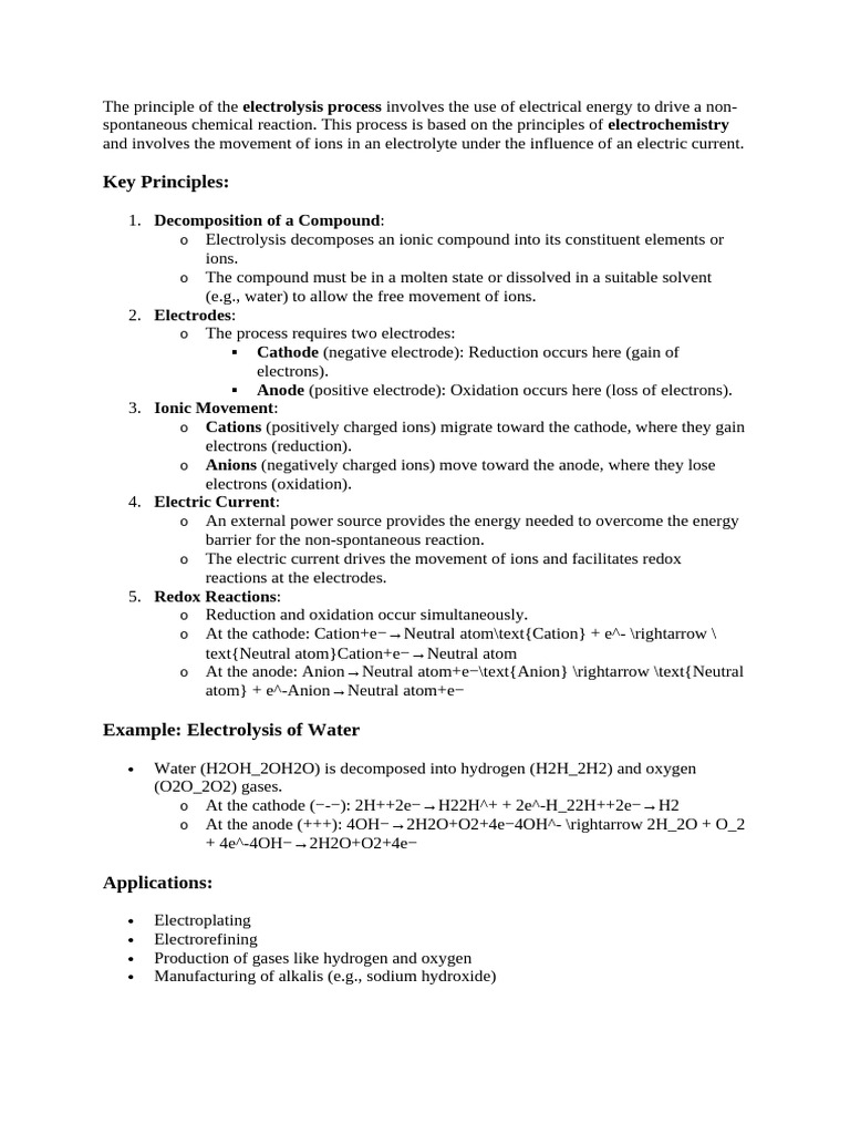 Understanding the Electrolysis Process | PDF