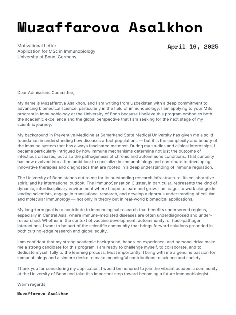 Motivational Letter For University of Bonn | PDF | Immunology | Science